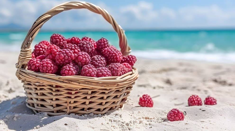 A Basket Full of Berries on a Beautiful Beach Background Stock Photo ...