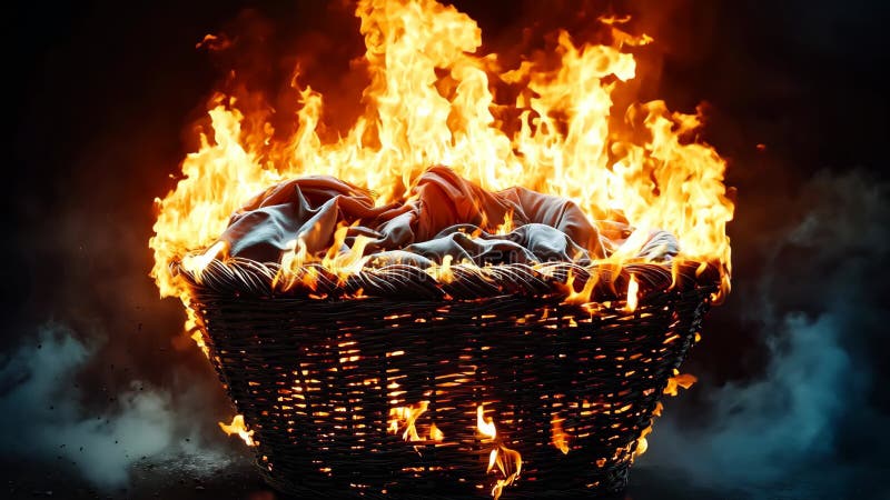 A Basket Full of Burning Clothes on Fire on a Black Background Stock ...