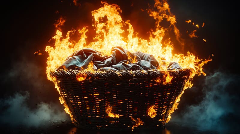 A Basket Full of Burning Clothes on Fire on a Black Background Stock ...