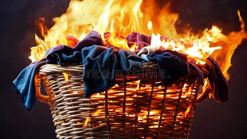 A Basket Full of Clothes on Fire on a Black Background Stock Footage ...