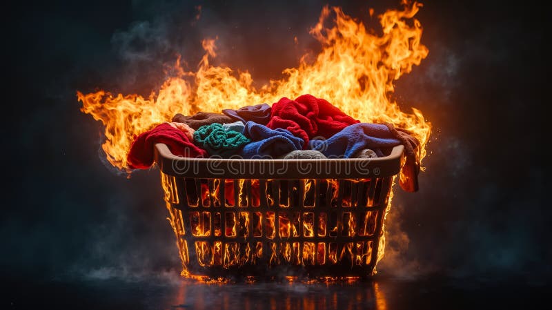 A Basket Full of Clothes on Fire on a Black Background Stock Photo ...