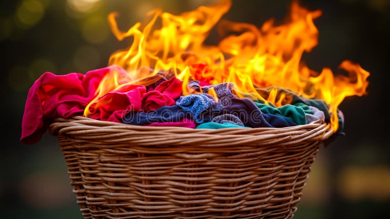 A Basket Full of Clothes on Fire with a Blurred Background Stock Image ...
