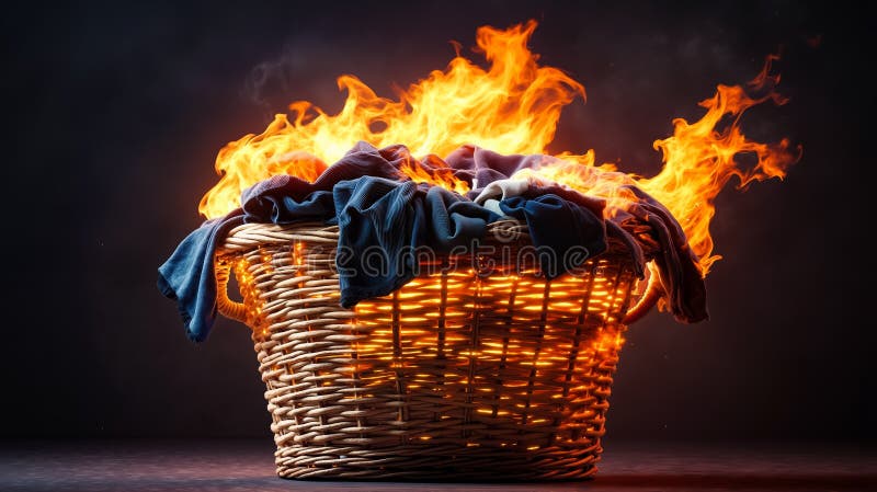 A Basket Full of Clothes on Fire on a Dark Background Stock Image ...