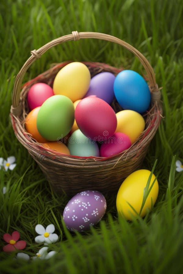 Basket Full of Colored Easter Eggs Ready for Holiday in the Grass Stock ...