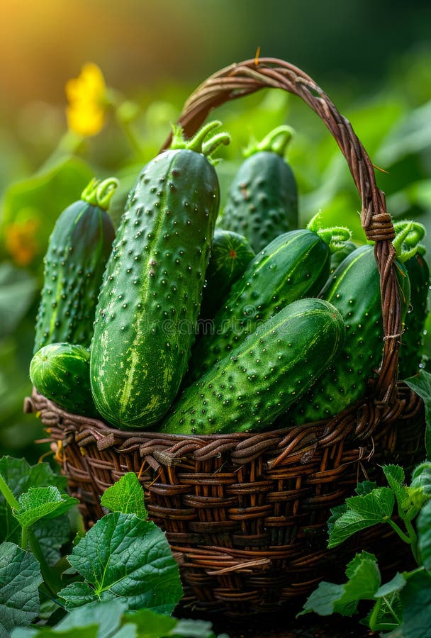 A Basket Full of Cucumbers is Sitting on the Ground. the Cucumbers are ...
