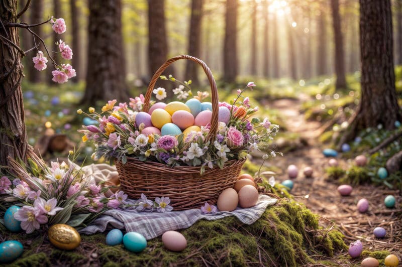Basket Full of Easter Eggs Stands in a Clearing in the Forest. Easter ...
