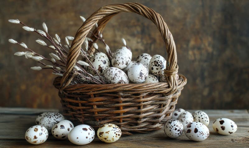 A Basket Full of Eggs with a Bunch of Flowers in the Background Stock ...