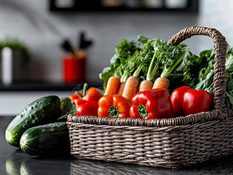 A Basket Full of Fresh Vegetables Sitting on a Kitchen Counter Stock ...
