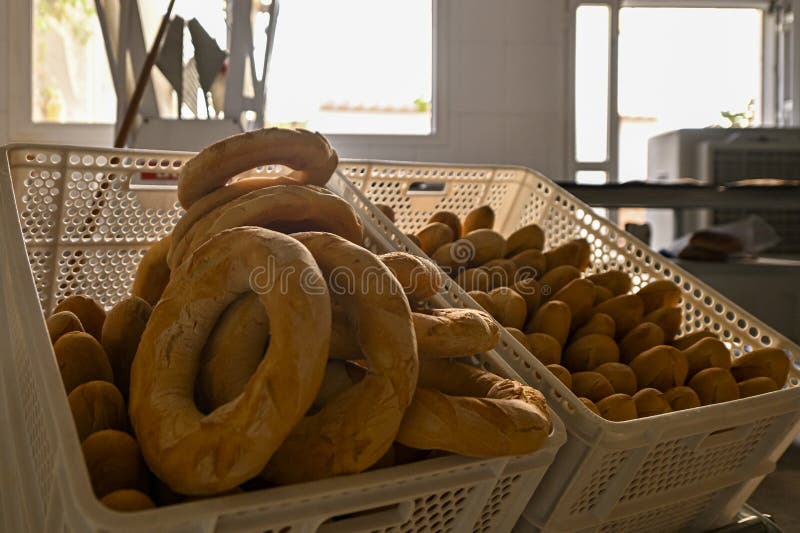 Basket Full of Loaves of Bread Inside the Bakery. Stock Image - Image ...