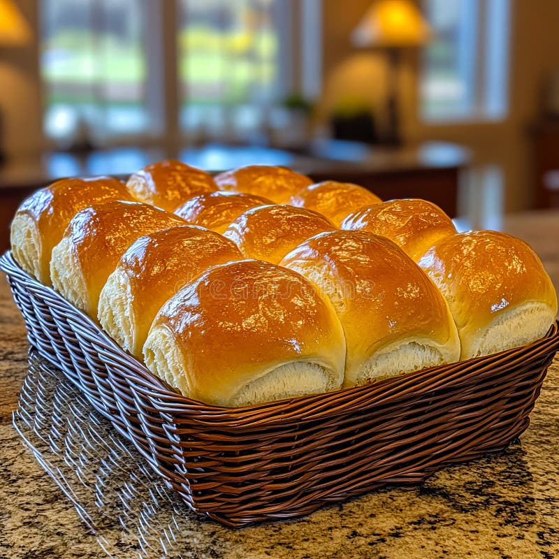 A Basket Full of Rolls Sitting on Top of a Counter Stock Image - Image ...