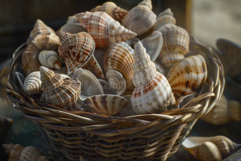 A Basket Full of Shells on a Table, Suitable for Various Design ...