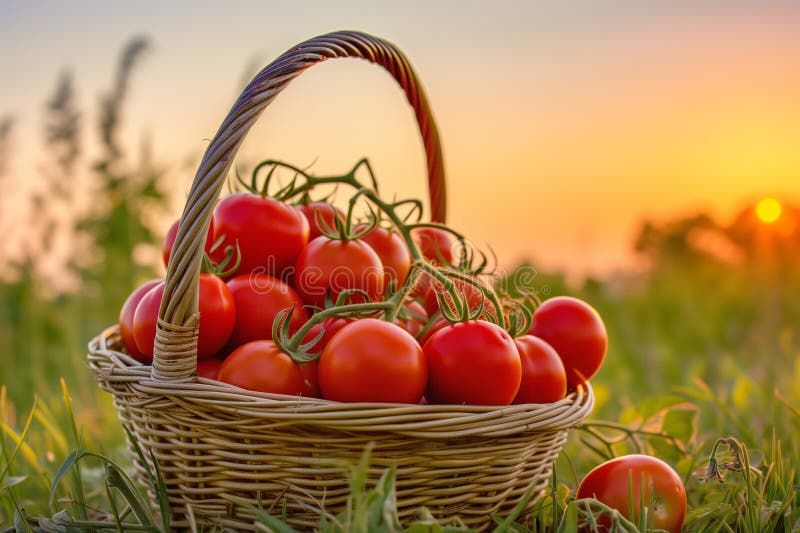 Basket Full of Tomatoes at Sunset in a Field Stock Photo - Image of ...