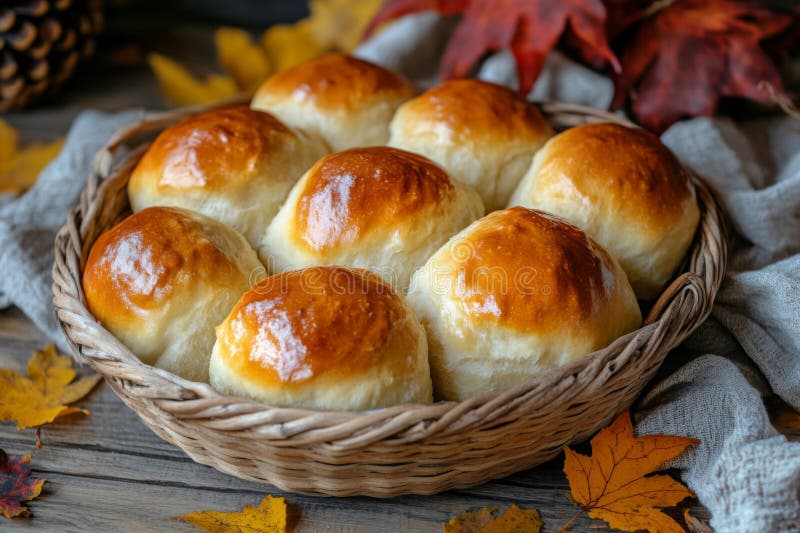 A Basket of Golden Brown Bread Rolls with Autumn Leaves Stock ...