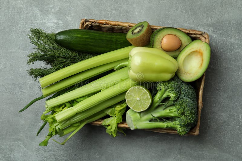 Basket with Green Vegetables on Gray Table Stock Image - Image of kale ...