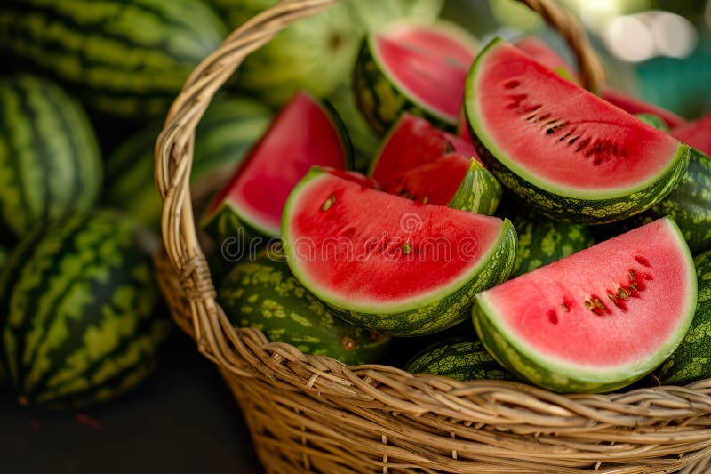 Basket of Juicy Watermelons, with a Few Still Whole Stock Photo - Image ...
