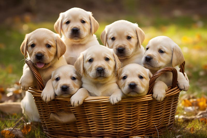 Basket with Labrador Puppies Stock Image - Image of group, summer ...