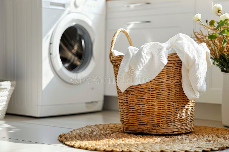Basket with Laundry on the Background of a Washing Machine Stock Photo ...