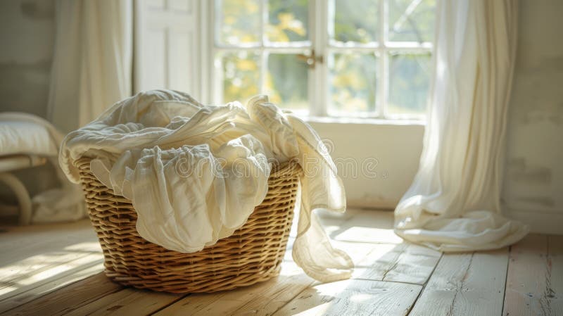 Basket of Laundry by a Sunny Window Stock Image - Image of warmth ...