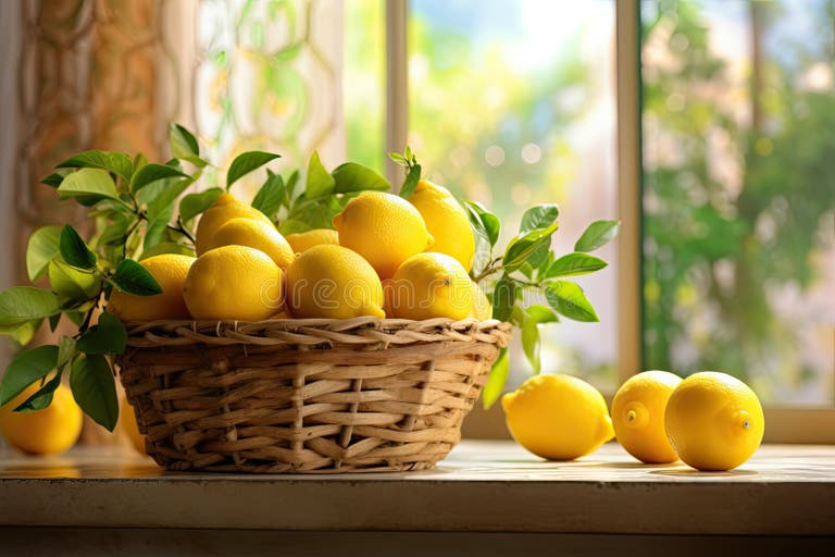 Basket of Lemons on Kitchen with Lemon Grove in Background. Stock ...