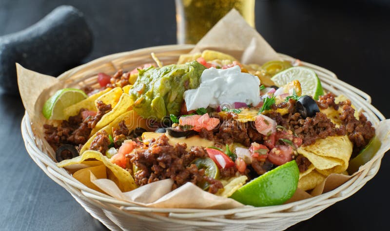 Basket of Load Nachos with Beef and Cheese Stock Photo - Image of snack ...