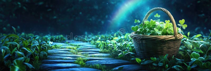 Basket of Lush Clovers on Stone Pathway Under Rainbow Glow. Happy St ...