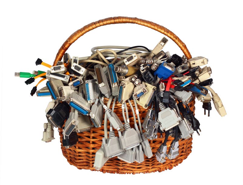Basket with Many Different Computer Cables Wires Connectors Sock Stock ...