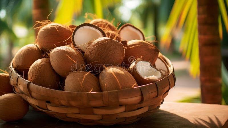 Basket Overflowing with Flavorful, Exotic Coconuts Stock Illustration ...