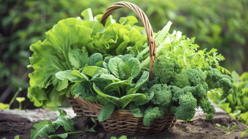 A Basket Overflowing with Vibrant Green Leafy Vegetables Freshly Pulled ...