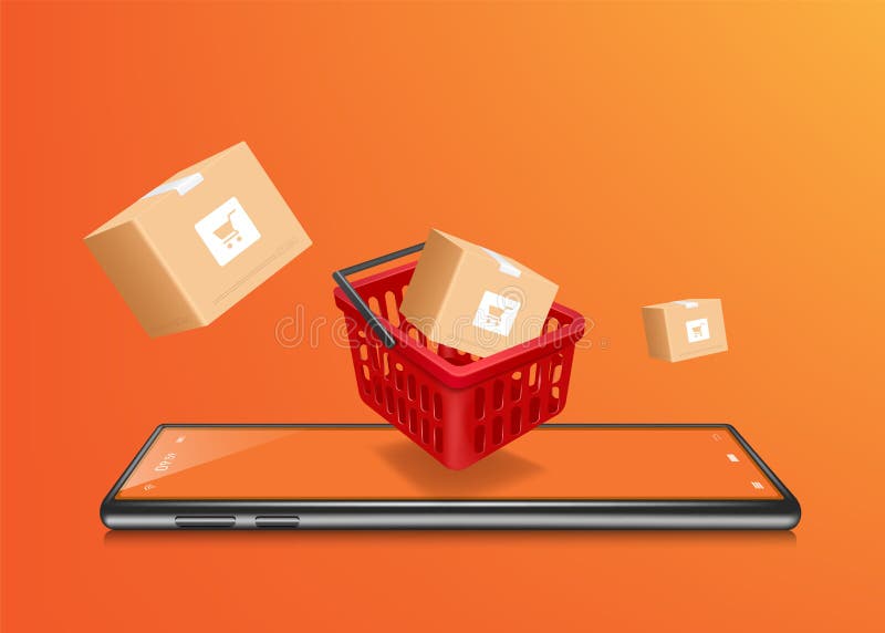 Basket and Parcel Box Floating on Smartphone Stock Vector ...