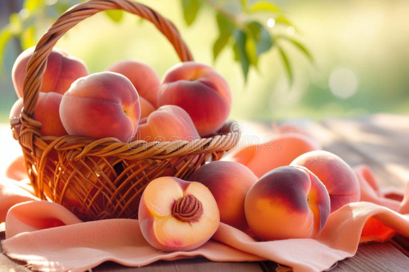 Basket of Peaches on a Peach Cloth with Morning Sunlight Stock Image ...