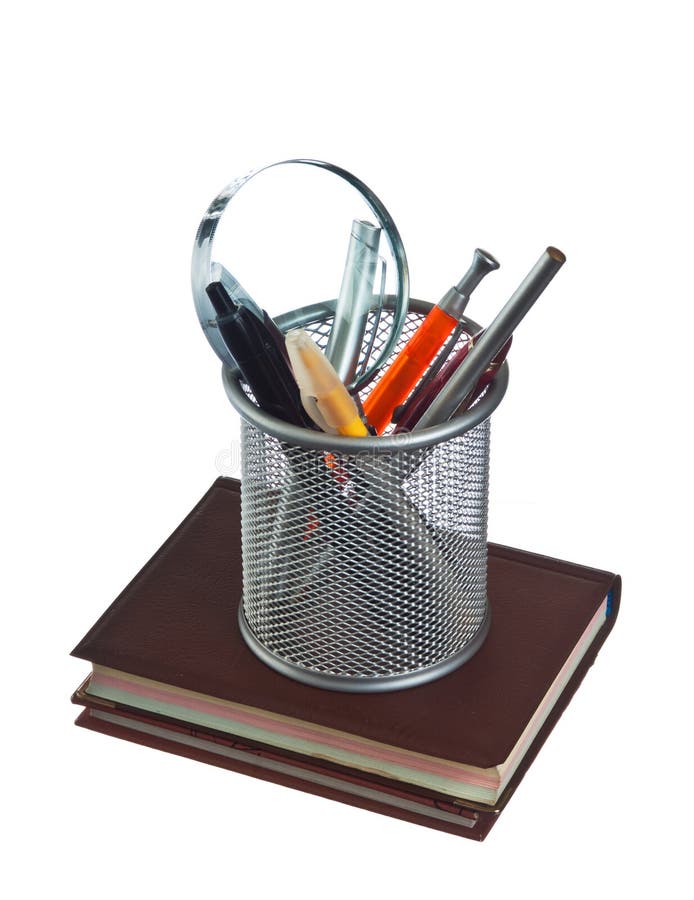 Basket with Pencils and Pens on the Book Stock Image - Image of wire ...