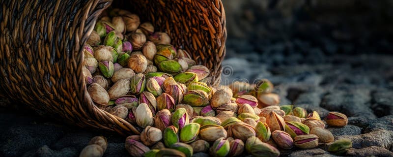 Basket of Pistachios Spilling on Pebble Pathway, Rustic and Natural ...