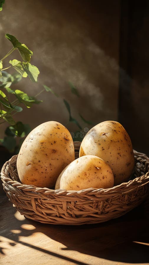 Basket of Potatoes with Leaves in Sunlight, Rustic Kitchen Setting ...
