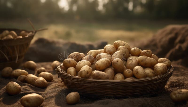 A Basket of Potatoes on a Rustic Table of Potatoes Field Background ...