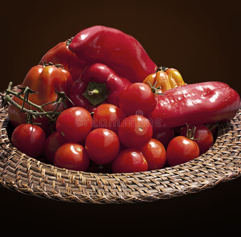 Basket with Red Bell Peppers and Cherry Tomatoes Stock Image - Image of ...