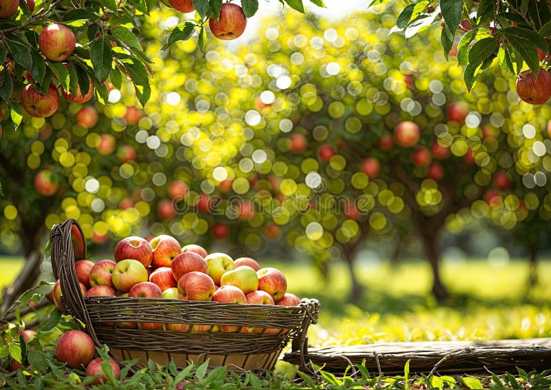 Basket with Ripe Apples on Apple Tree in Orchard, Harvest Time Stock ...