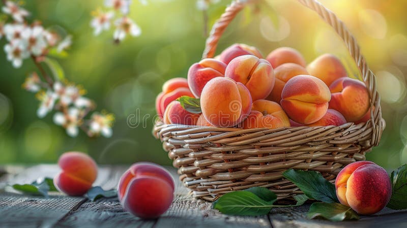 Basket of Ripe Peaches on a Rustic Wooden Table, with Sunlight and ...