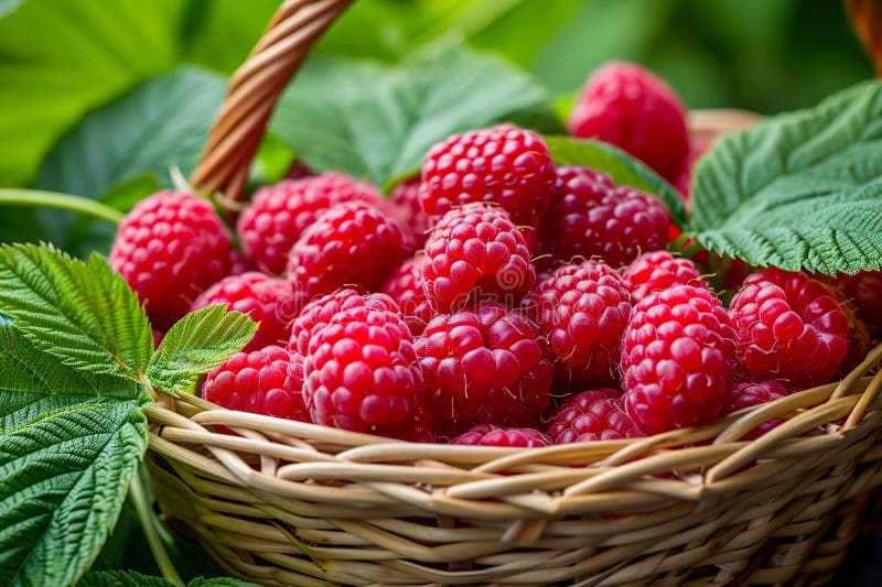 Basket of Ripe Raspberries, with Leaves Still Attached Stock Photo ...