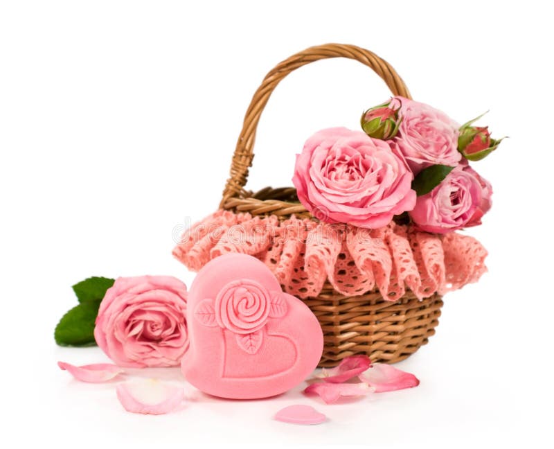 Basket with Roses and Gift Box Stock Image - Image of isolated, pink ...