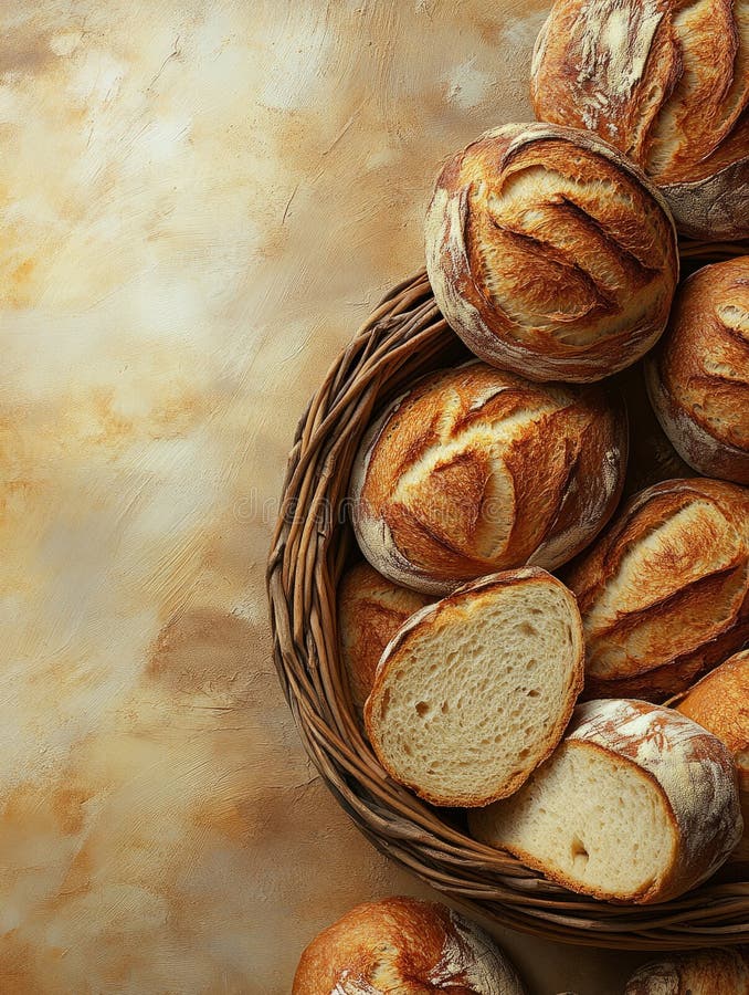 Basket of Rustic Bread Loaves with Slices on Textured Background Stock ...