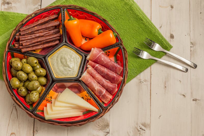 Basket with Several Spanish Tapas on White Table Stock Image - Image of ...