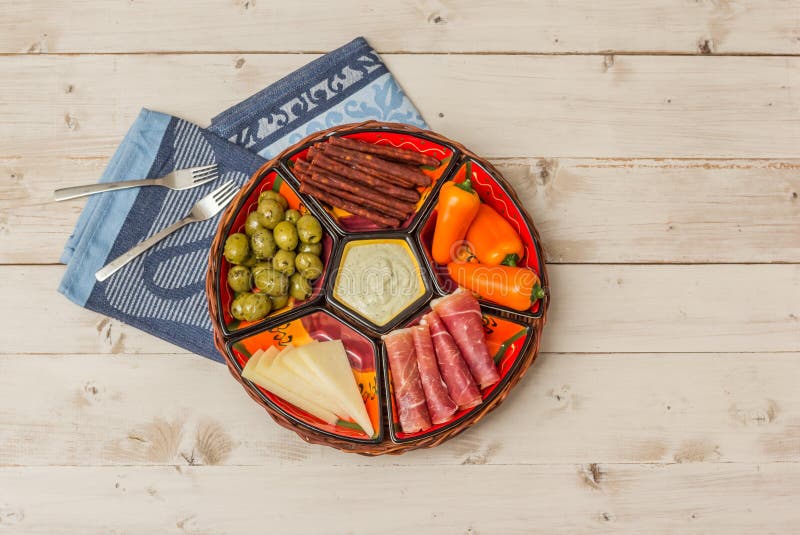 Basket with Several Spanish Tapas on White Table Stock Photo - Image of ...