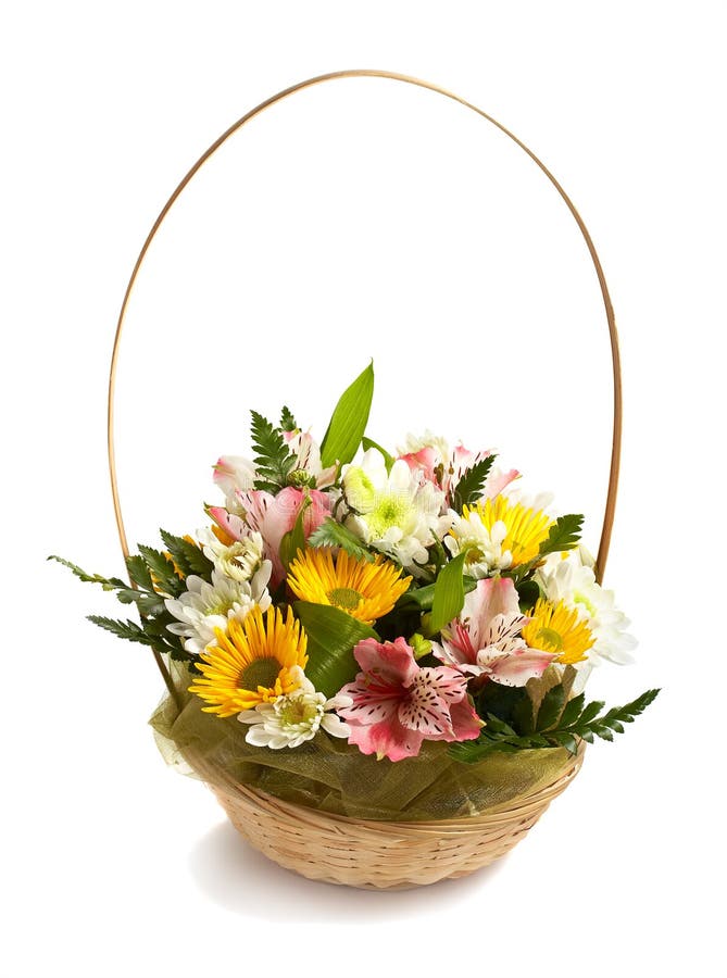 Beautiful Bouquet of Spring Flowers into Basket on White Backgr Stock ...