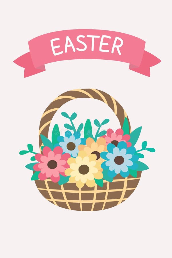 Basket with Spring Flowers. Red Ribbon with the Inscription Easter ...
