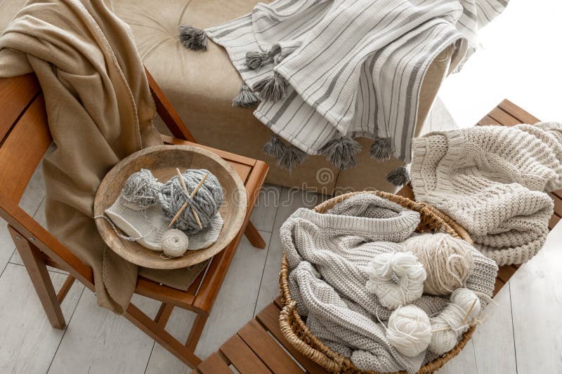 Basket with Threads for Knitting on a Wooden Bench in the Interior of ...