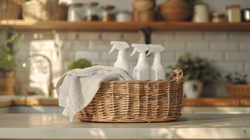 A Basket with Three Bottles of Cleaning Products on a Counter, AI Stock ...