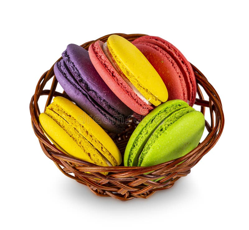 Basket of Traditional French Macaroons Isolated on a White Background ...