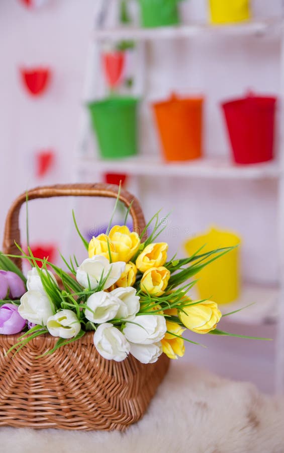 Basket of Tulips in Spring Decor Stock Photo - Image of branch, spring ...
