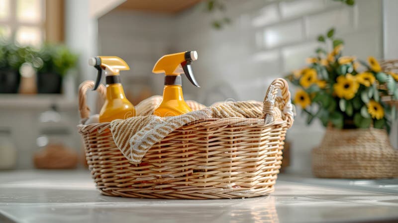 A Basket with Two Spray Bottles in it on a Counter, AI Stock Photo ...