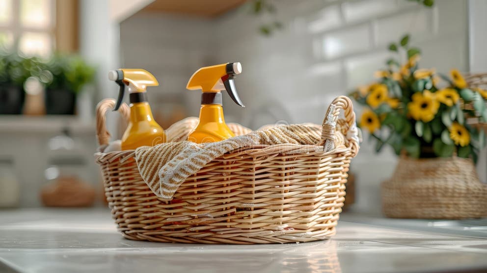 A Basket with Two Spray Bottles in it on a Counter, AI Stock Photo ...